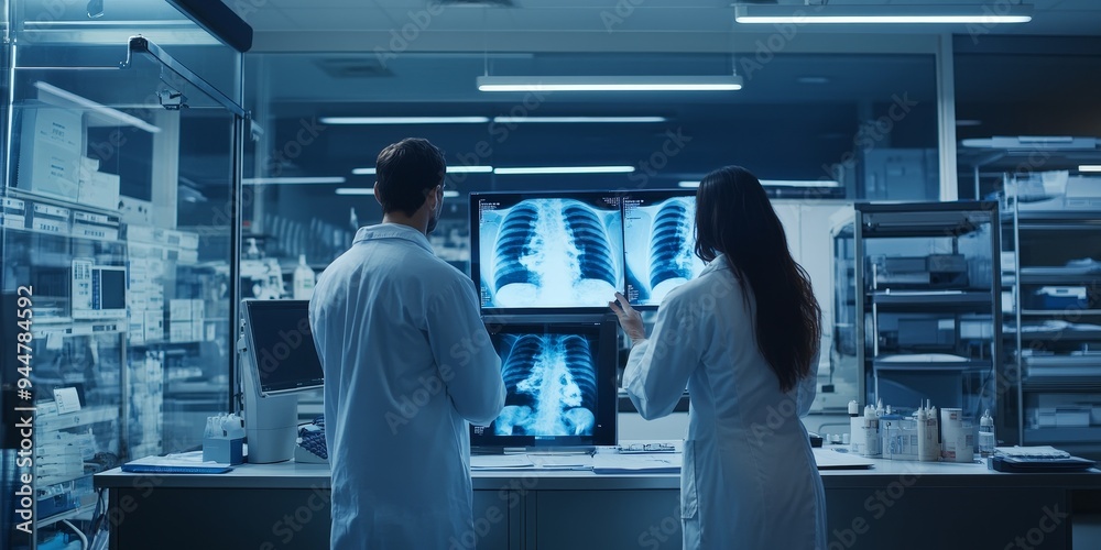 Two doctors analyzing X-rays on a lightbox in a modern radiology room ...