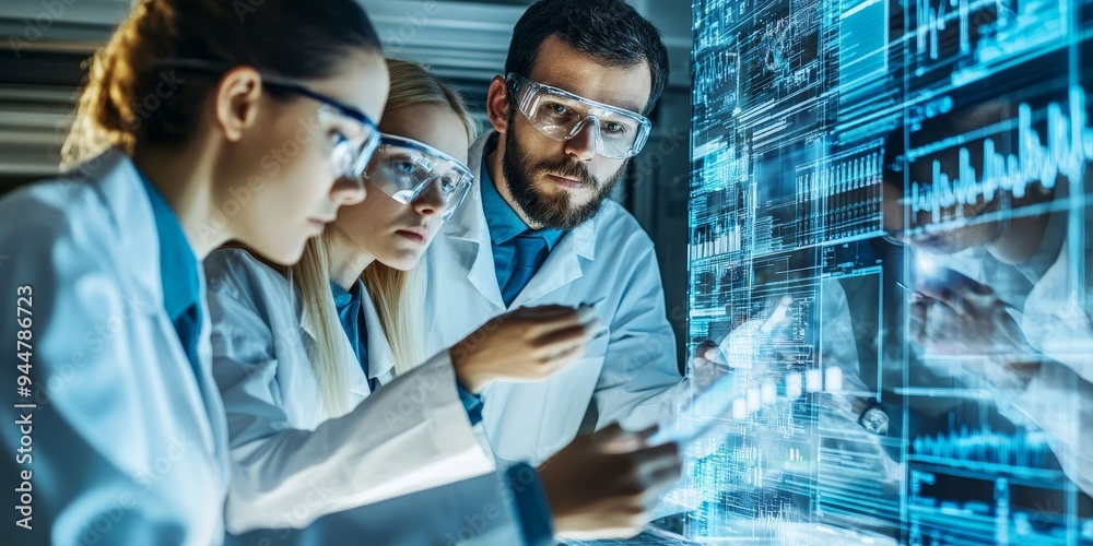 Three scientists in a close-up shot reviewing complex digital ...