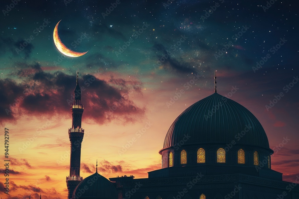 Musque Dome Night Building with Sky Moon Sunset Background Mubaruk ...