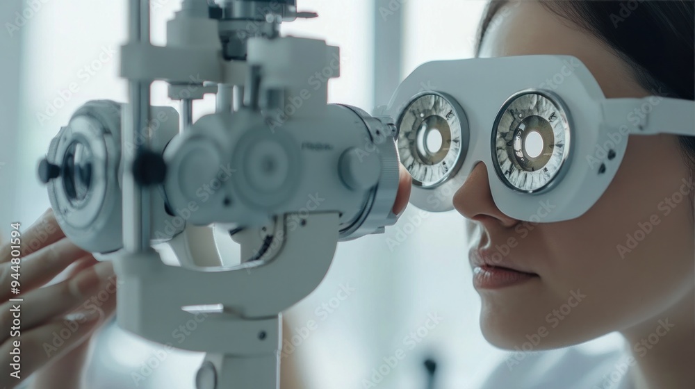 An eye doctor conducting a vision test using an eye chart in a bright ...