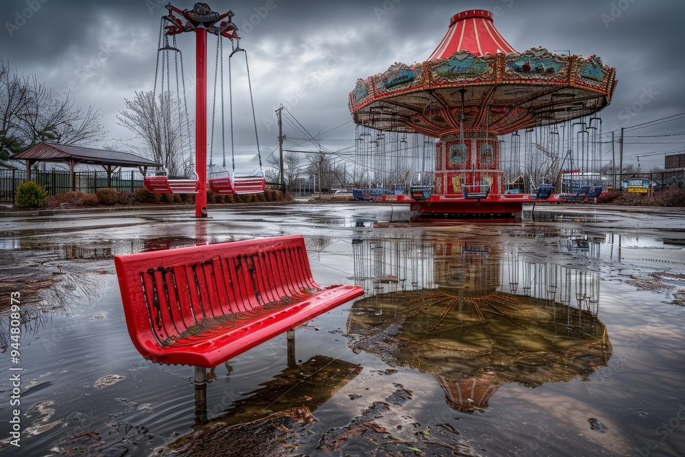 Abandoned amusement park with flooded carousel and swings during ...