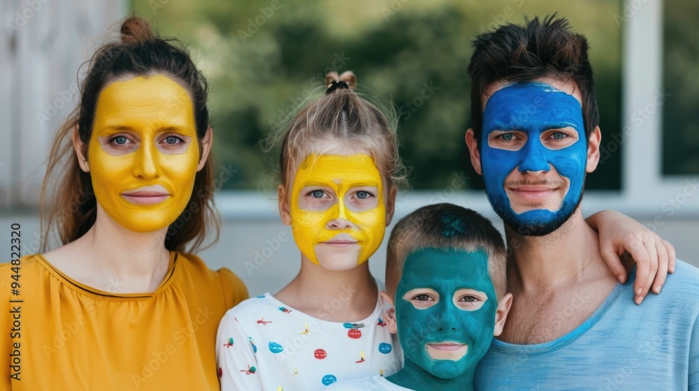 Vibrant and joyful family portrait with colorful face painting in team ...