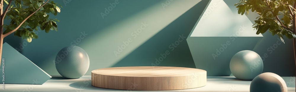 3D rendered scene template featuring a triangular wooden podium ...