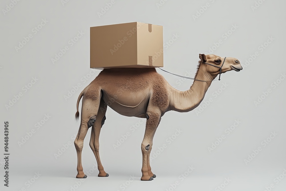 Camel Carrying a Package: A single camel, rendered in a photorealistic ...