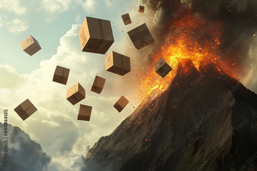 Volcanic Eruption of Cardboard Boxes: A surreal and dramatic scene with ...