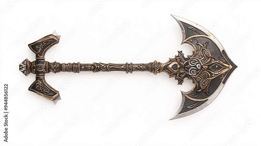 Medieval game item design, heavy battle axe with ornate handle and ...