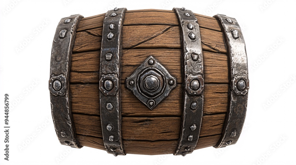 Classic game item design, two-piece wooden barrel with metal bands and ...