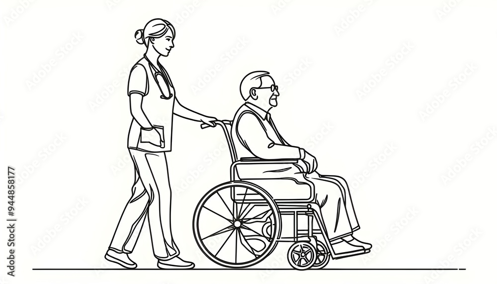 Continuous Line Drawing of Female Doctor Transferring an Old Senior ...