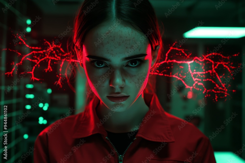 Serious woman with red glowing neural connections highlighting the ...