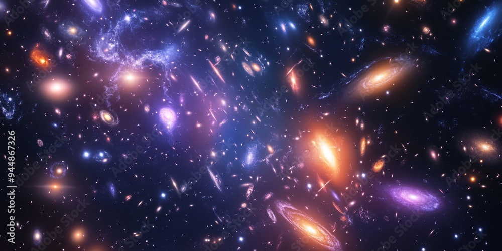 a galaxy cluster, with multiple galaxies of different shapes and sizes ...
