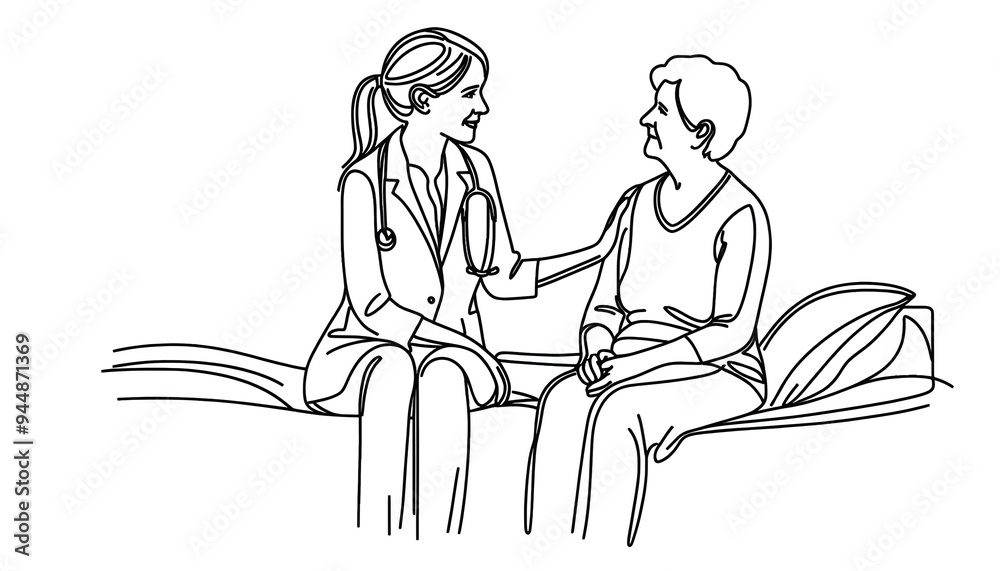 Continuous Line Drawing of Female Doctor Consulting an Old Senior ...