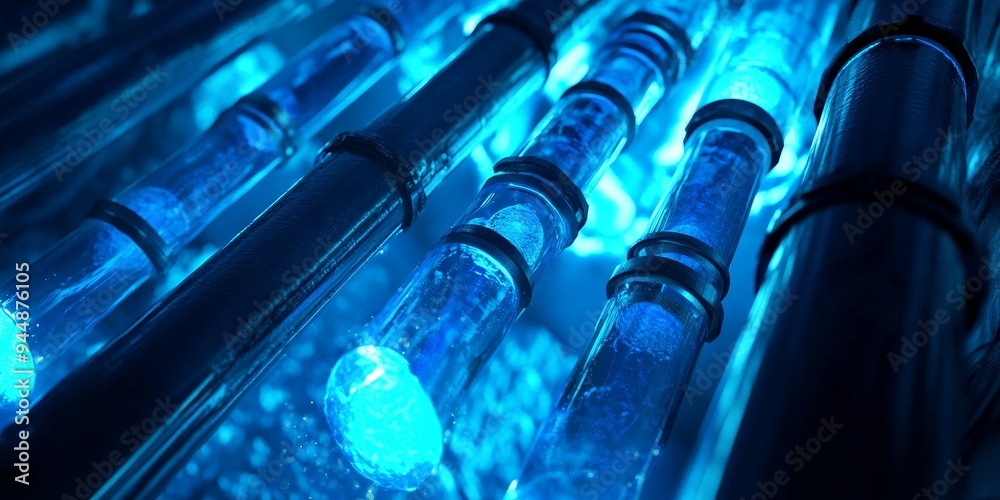 uranium fuel rods in a nuclear reactor, with blue Cherenkov radiation ...