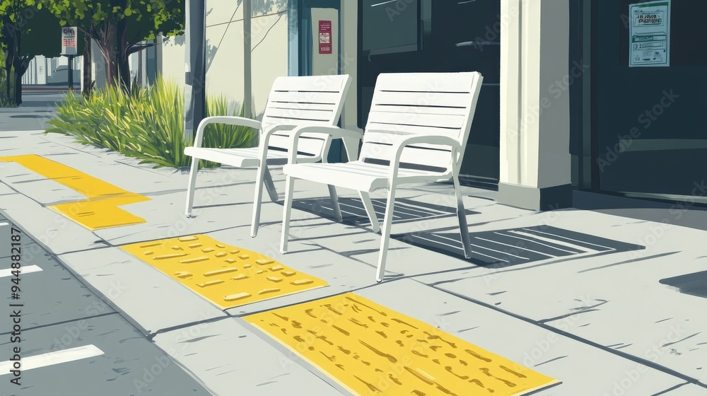 2D cartoon style illustration of white chairs on an empty sidewalk ...