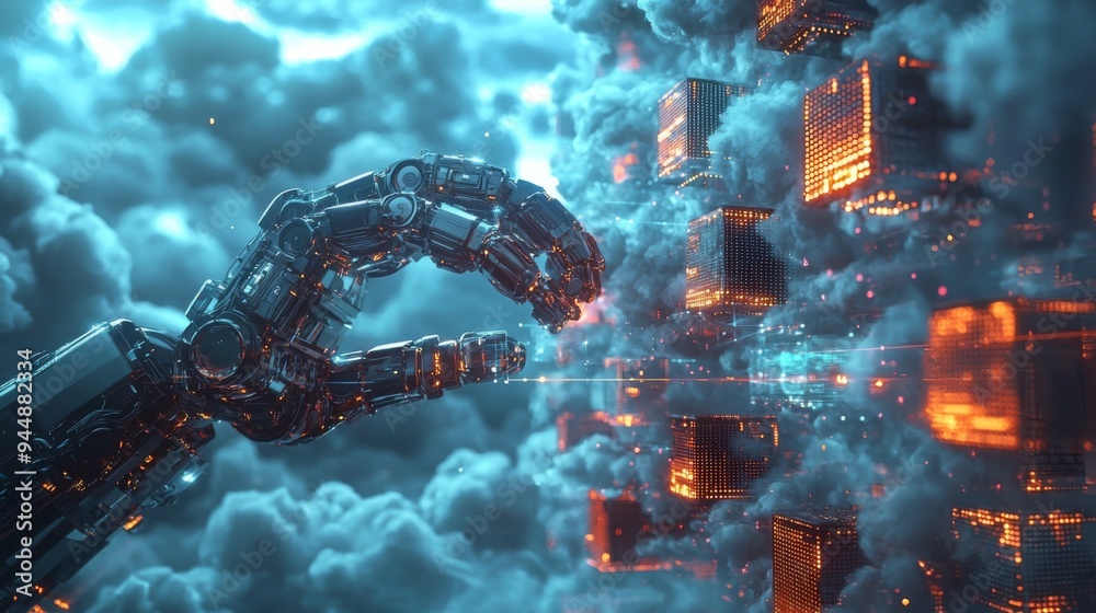 Advanced cloud computing automation process, robotic arms handling data ...