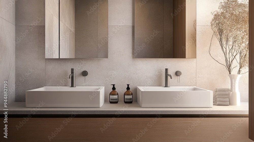 Elegant bathroom design with dual sinks, blending minimalist elements ...