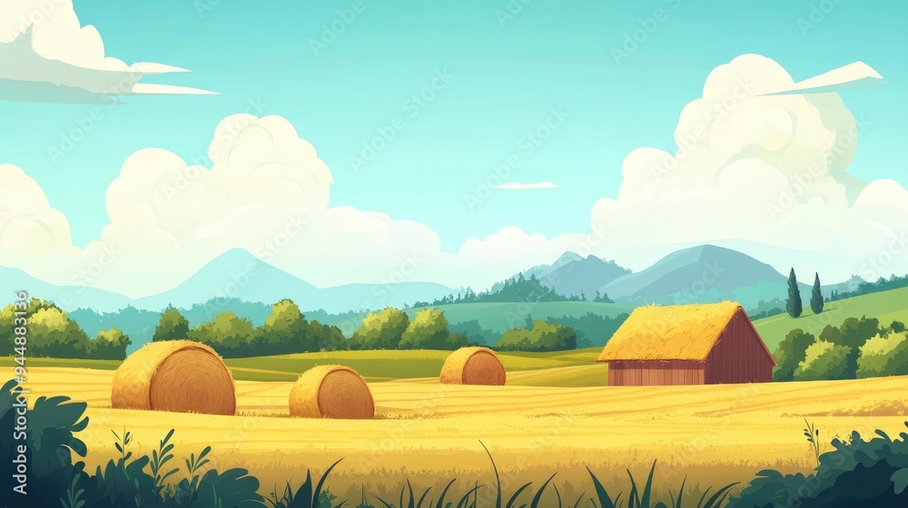 2D cartoon style rural landscape featuring fields with haystacks A flat ...