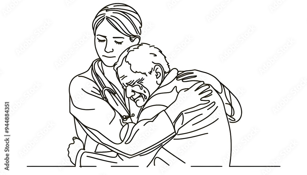 Continuous Line Drawing of Male Doctor Hugging an Old Senior Citizen ...