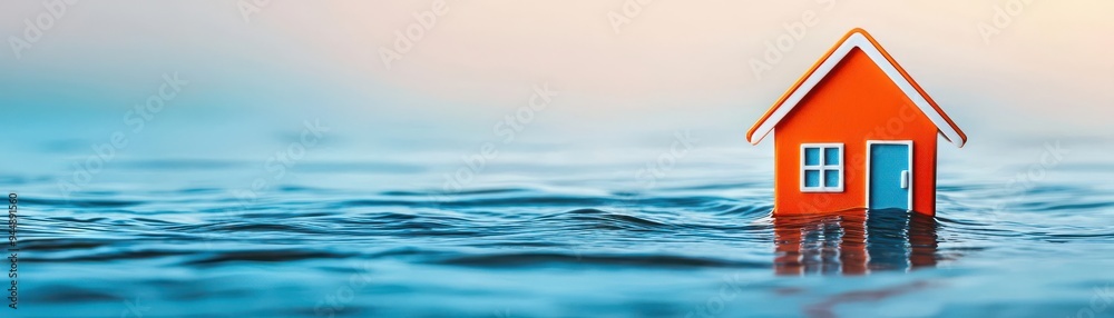 Miniature house in rising water, symbolizing the threat of flooding ...