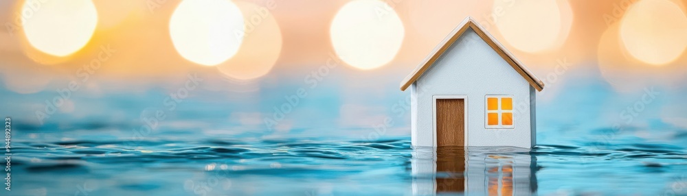 Miniature house in rising water, symbolizing the threat of flooding ...