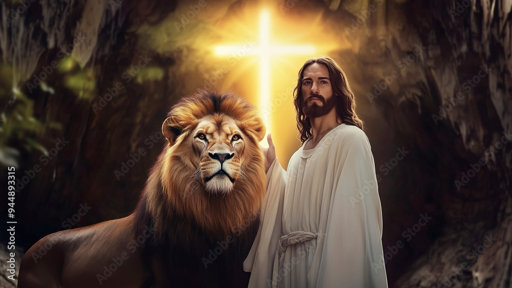 Jesus And Lion Of Judah Stand Together Under Glowing Cross [16 9