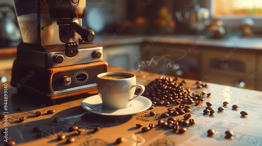 A cozy morning scene with a cup of coffee, a manual coffee grinder, and ...