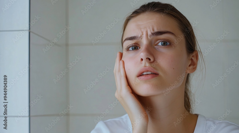 240805 193. A woman with swollen cheek in home bathroom. Buccal region ...