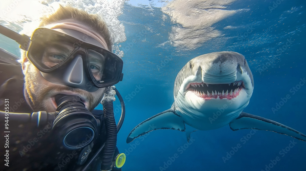 Scuba diver face-to-face with grinning great white shark, underwater ...