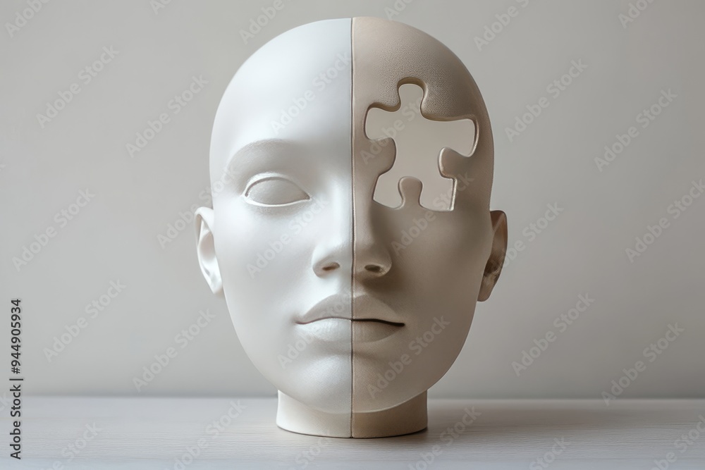 Monochromatic Face Sculpture with a Missing Puzzle Piece Representing ...