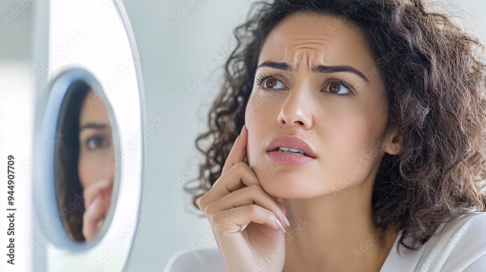 240805 200. A woman examining sore chin in office bathroom mirror ...