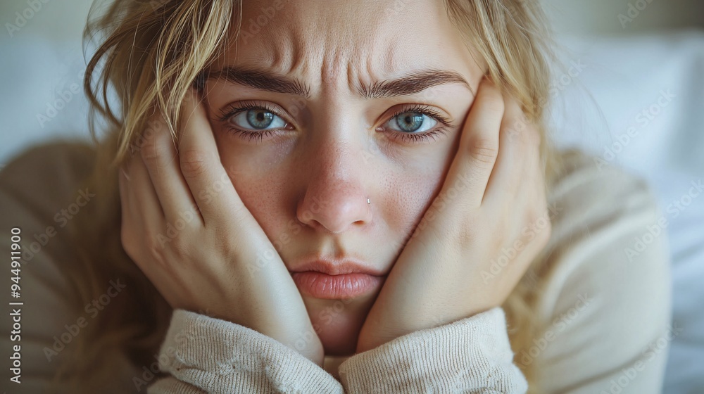 240805 213. A woman with swollen nostril in home bedroom. Nasal cavity ...