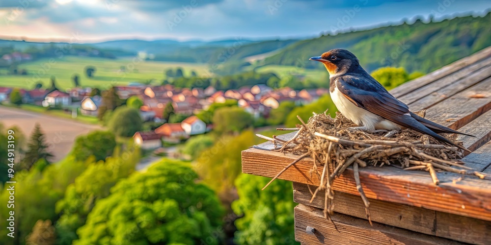 Ninho de andorinha em um telhado de madeira com vista panor?mica da natureza, ninho, andorinha ...