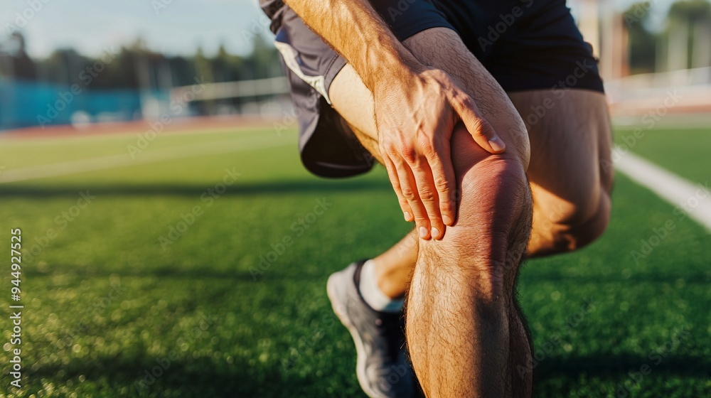 240805 244. A man touching painful kneecap at sports field sideline ...