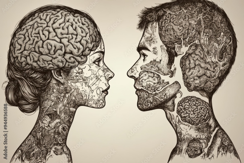 Detailed hand drawn human profiles revealing intricate brain structures ...