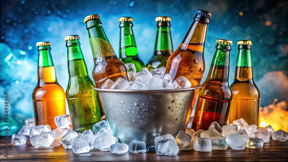 Beer bottles and cans on ice for chilling at a party, beer, bottles ...