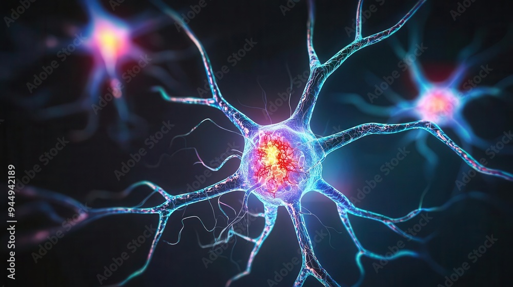 Neurons affected by ischemic stroke, microscopic view, vibrant colors ...