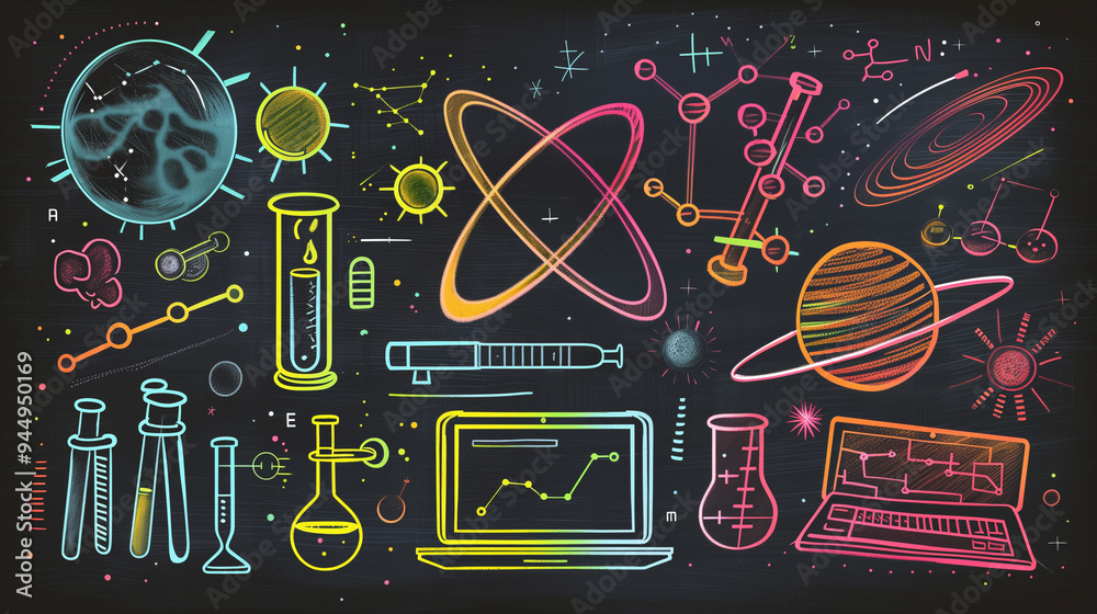 Science doodles of molecules, planets, and lab equipment on a ...