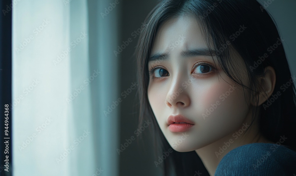 Solitary Asian Woman Expressing Sadness and Contemplation: Emotional ...