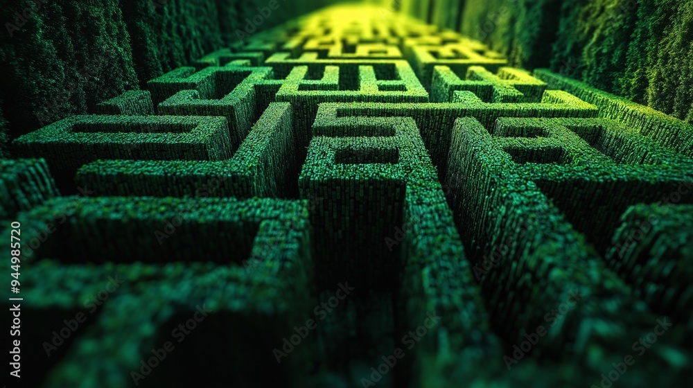 A maze made of green blocks with a yellow line. The maze is very long ...