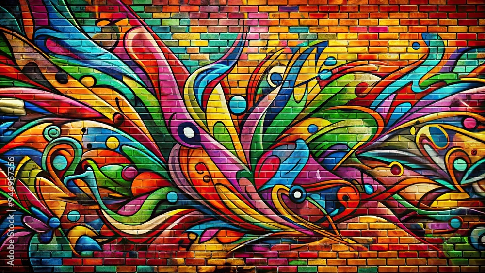 Colorful graffiti art covering a brick wall , urban, street art ...