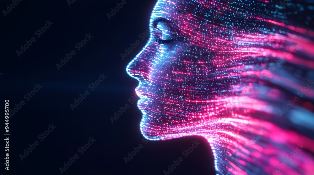 Double exposure of a human profile speaking, overlaid with digital ...