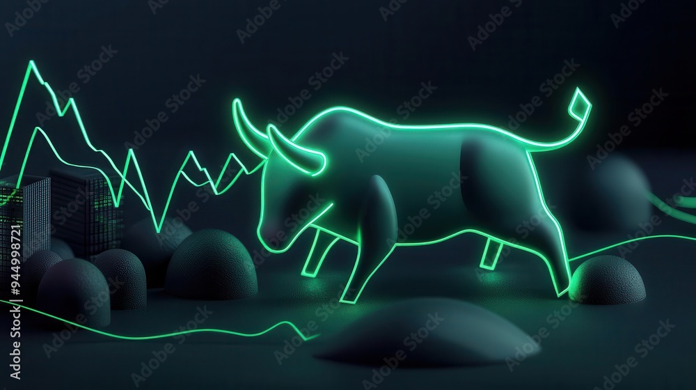 Bullish market graph with neon green lines, a glowing bull symbol, and ...