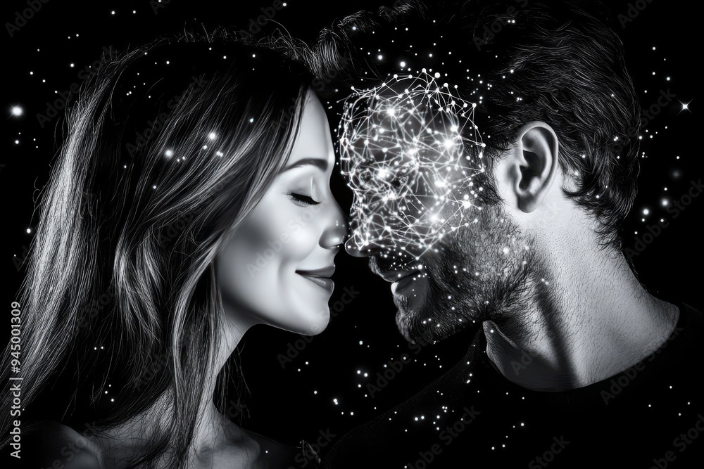 Abstract depiction of a couples kiss dissolving into neural networks ...