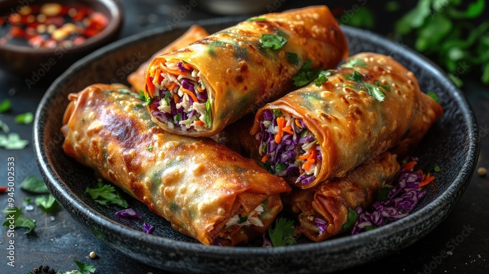 Crispy spring rolls filled with vegetables and chicken lying on a slate ...