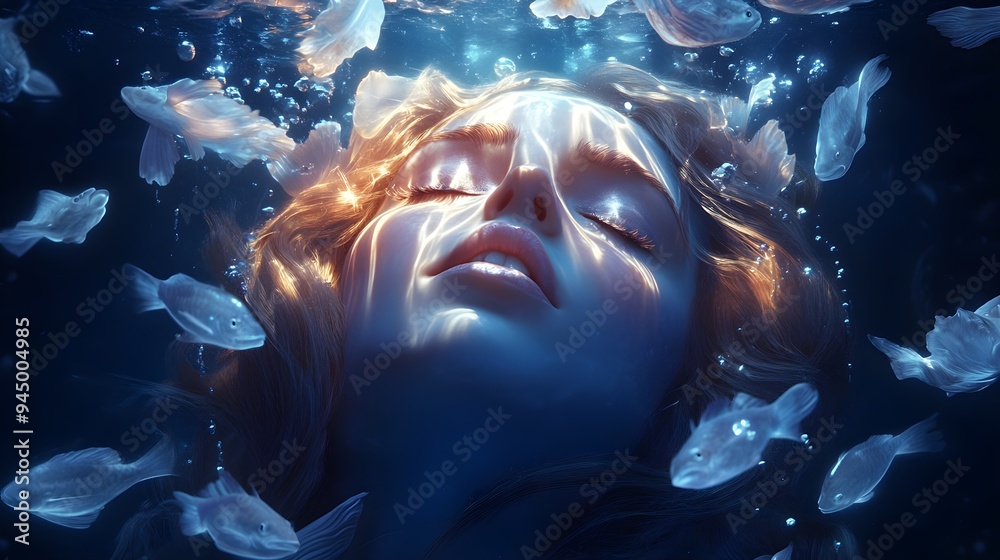 Ethereal mermaid surrounded by glowing sea creatures, her form ...