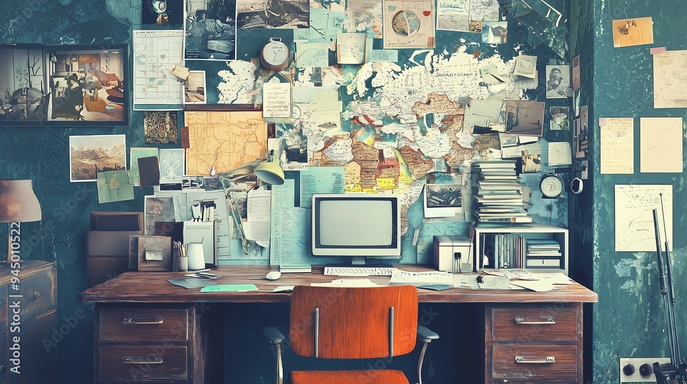 Vintage workspace with old computer, wooden desk, retro chair, and ...