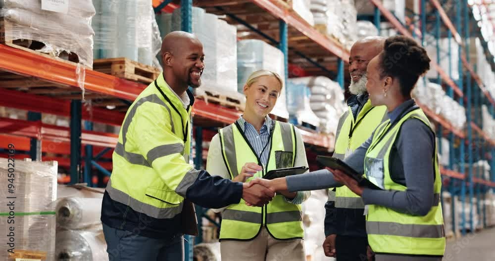 Handshake, logistics and people in warehouse for deal, agreement or ...