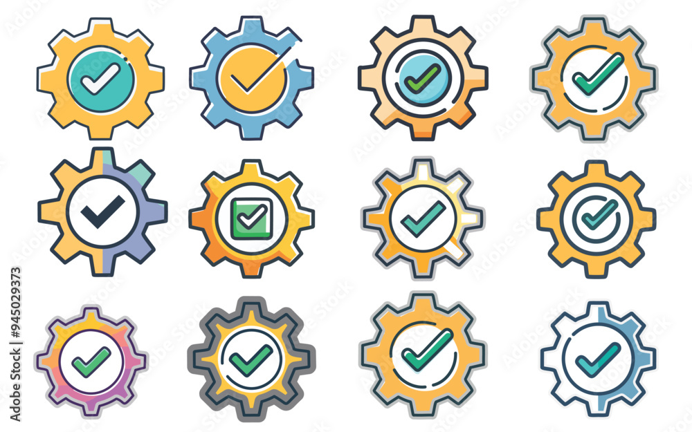 Cogwheel and a checkbox combined together as an icon,approval of tasks ...