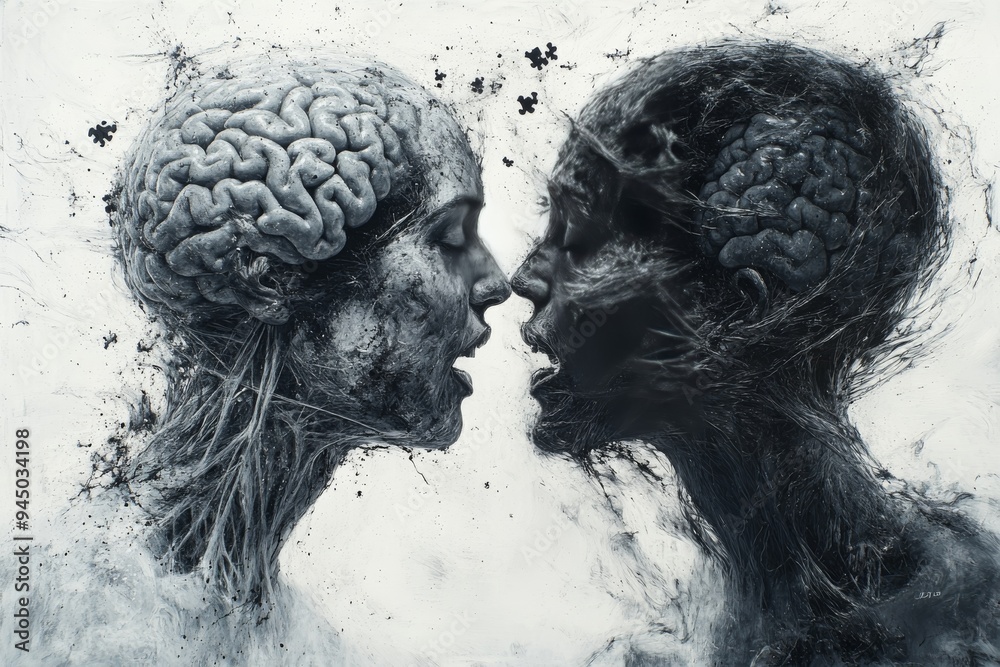 Surreal portrayal of human profiles with brain structures resembling ...