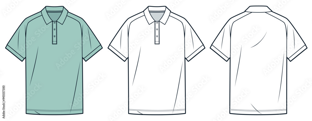 Raglan Sleeve Polo Shirt technical fashion illustration. Golf Polo ...