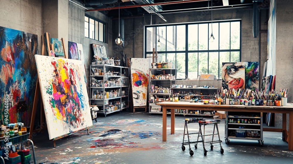 industrial chic style, garage art studio, large workbench covered in ...